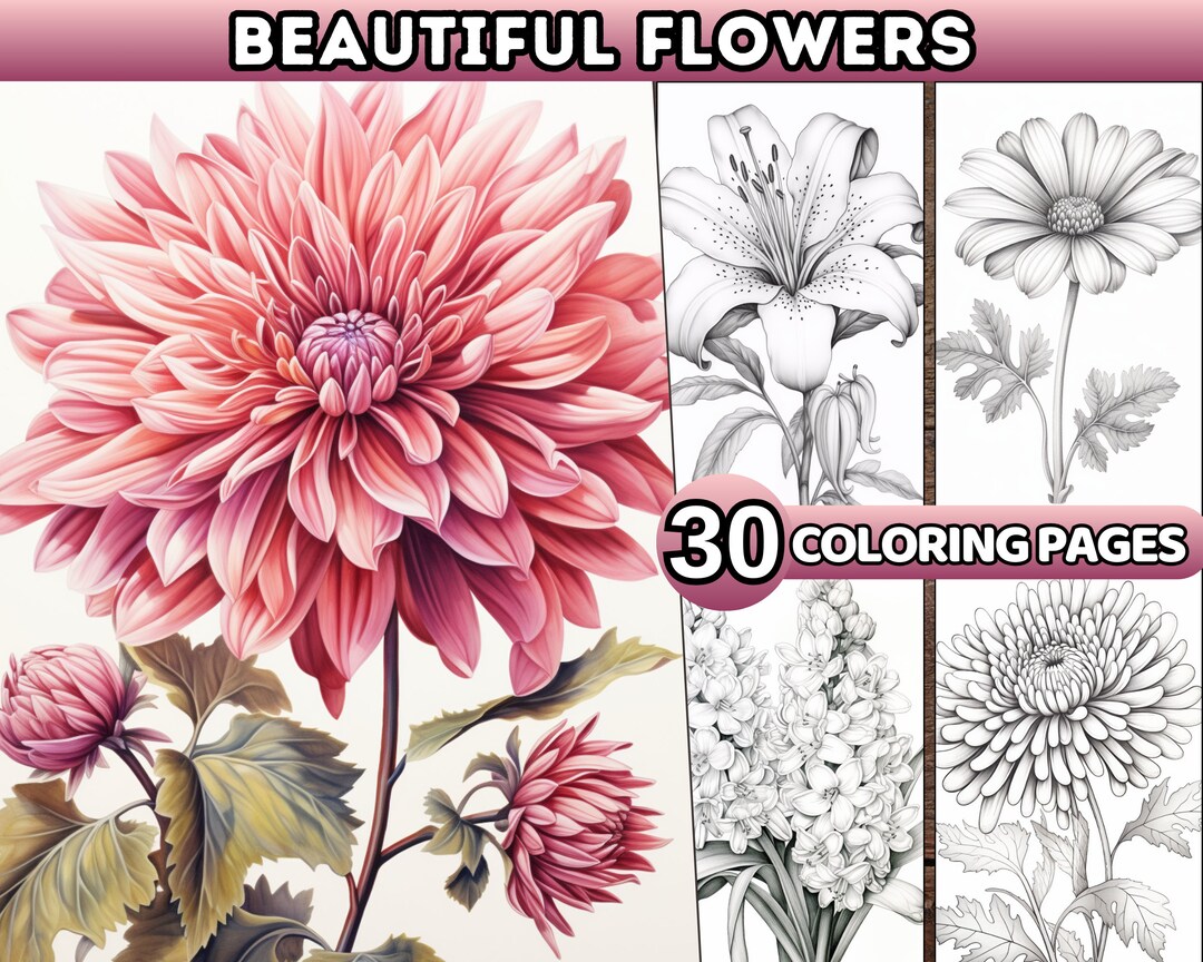 30 Flower Coloring Book Coloring Pages Adults Kids Grayscale Coloring ...