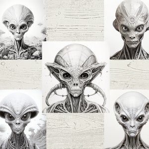 20 Alien Coloring Pages for Adults & Kids, Fantasy Alien Grayscale ...