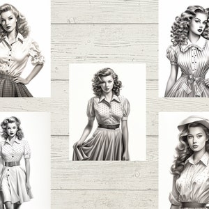 1940s Women Beauties Coloring Pages for Adults, Vintage Woman Grayscale ...