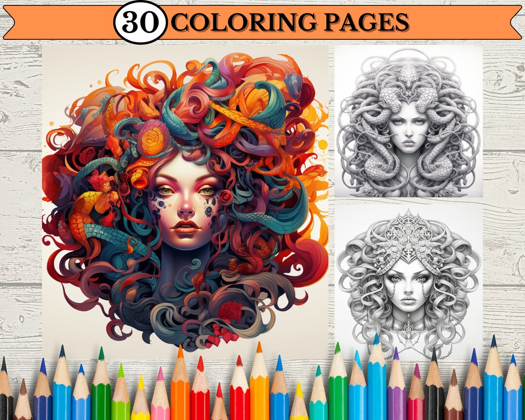 Medusa Coloring Pages for Adult and Kids, Grayscale Coloring Page ...