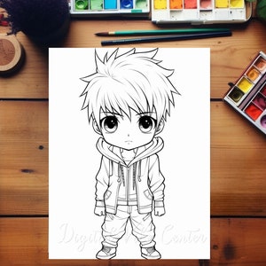 Chibi Anime Boys Coloring Pages for Adults or Kids Manga Coloring Book ...