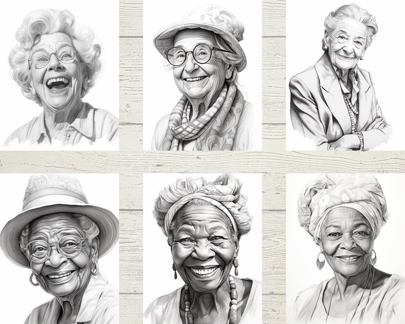 40 Happy Elderly Women Coloring Pages for Adults Printable Grayscale ...
