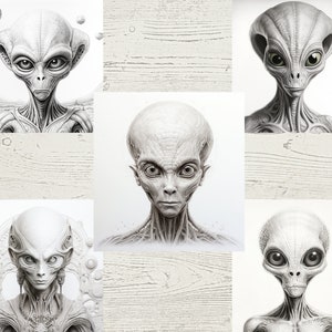 20 Alien Coloring Pages for Adults & Kids, Fantasy Alien Grayscale ...