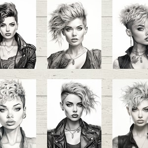 Punk Coloring Pages for Adults and Kids Woman Grayscale Coloring Book ...