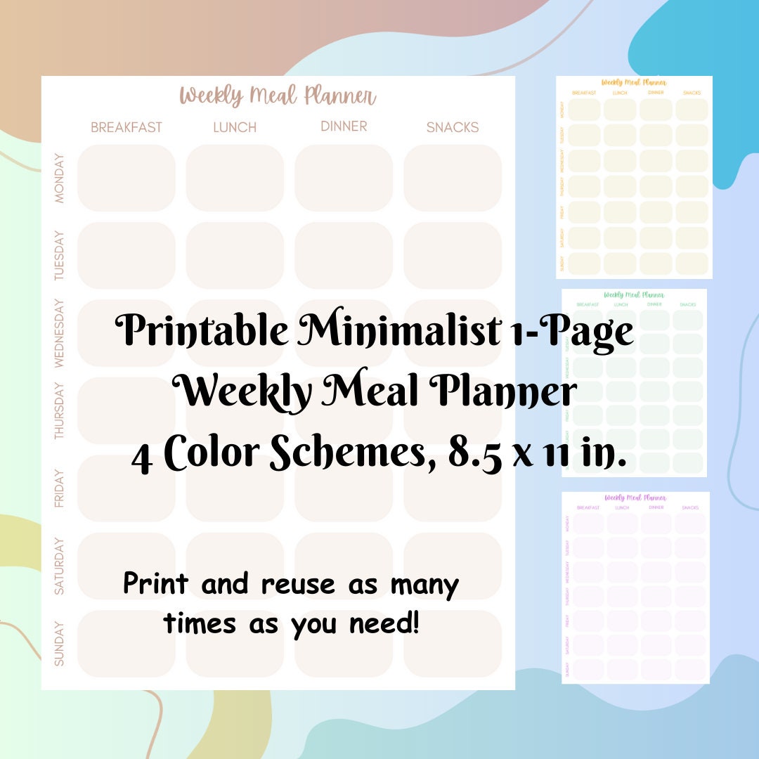Printable One-page Weekly Meal Prep Planner 8.5 X 11 In. 4 Color ...