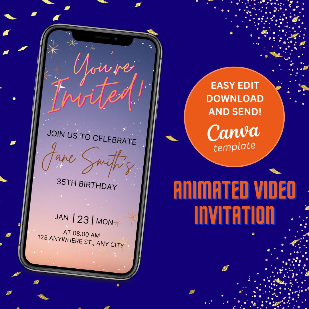 Animated Video Birthday Party Invitation, Sparkly Neon Invite for ...