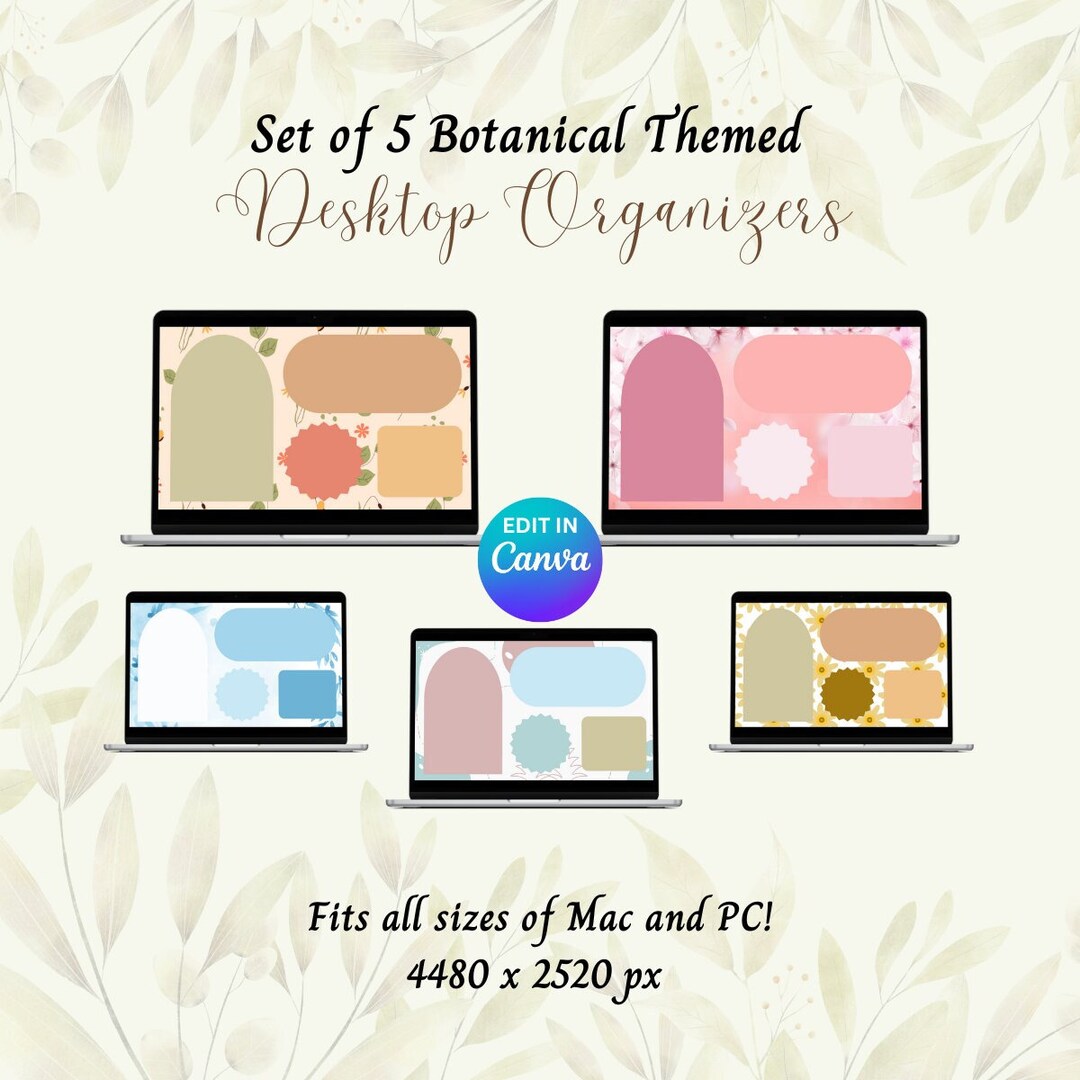 Personalizable Botanical Desktop Organizers Set of 5, Canva Desktop ...