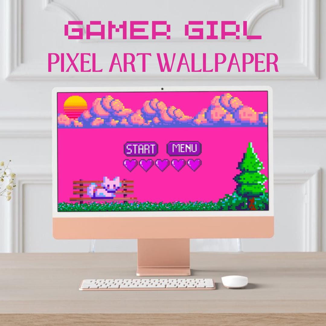 Gamer Girl Pixel Art Desktop Wallpaper, Retro Video Game Arcade Digital ...