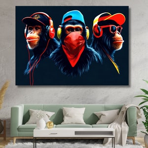 3 DJ Monkeys Canvas,three Monkey Wall Art,3 Monkeys Poster Art,animal ...
