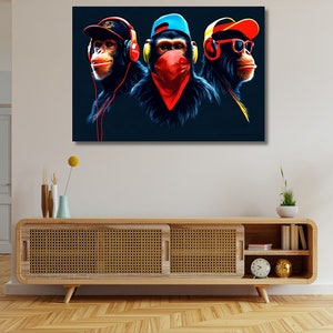 3 DJ Monkeys Canvas,three Monkey Wall Art,3 Monkeys Poster Art,animal ...
