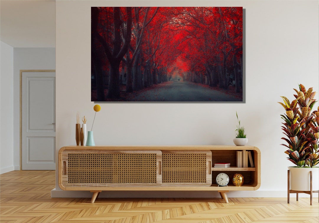 Beautiful Red Tree Park Ready to Hang Canvas,leaves Forest Canvas Wall ...