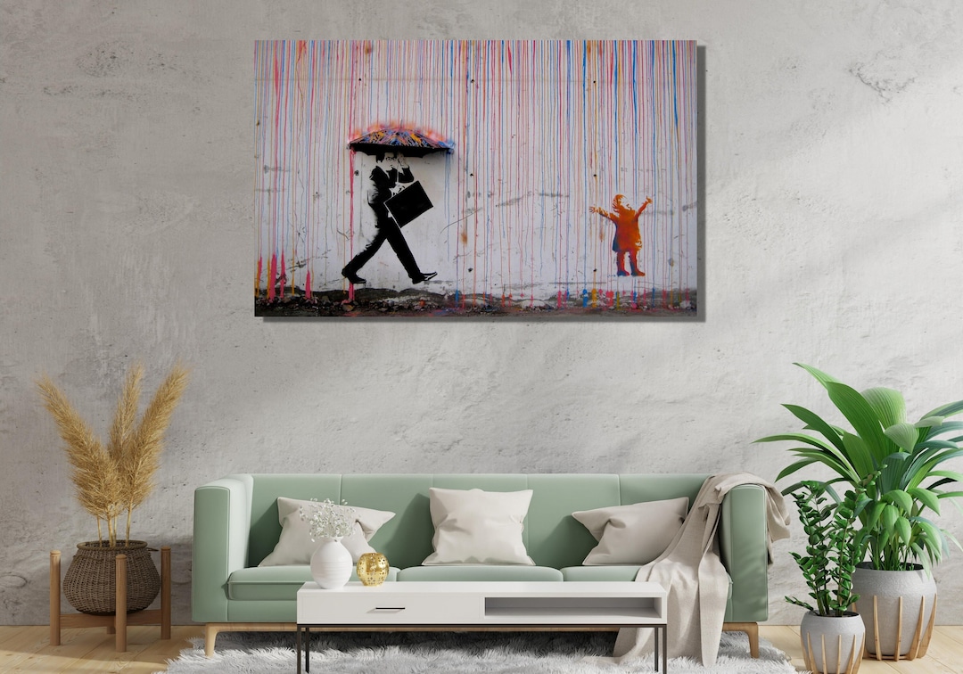 Banksy Under the Rain Ready to Hang Canvas,banksy Umbrella Man Wall Art ...