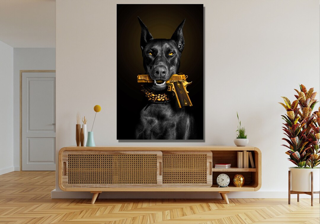 Hypebeast Modern Doberman Golden Gun Ready to Hang Canvas,luxury ...