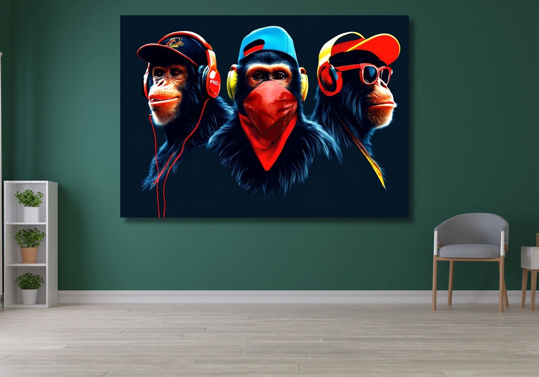 3 DJ Monkeys Canvas,three Monkey Wall Art,3 Monkeys Poster Art,animal ...