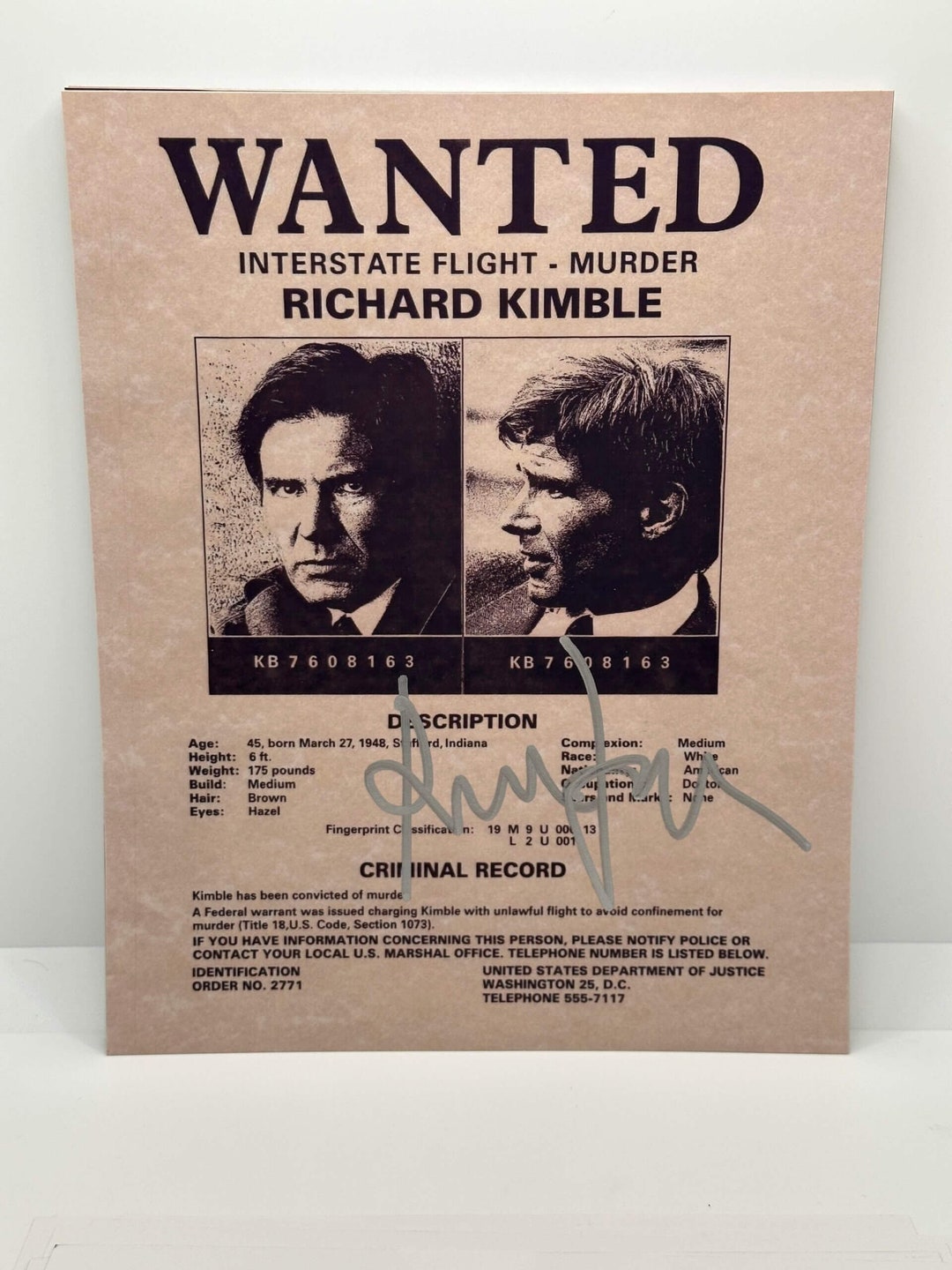 Harrison Ford the Fugitive Wanted Poster Signed Autographed Photo ...