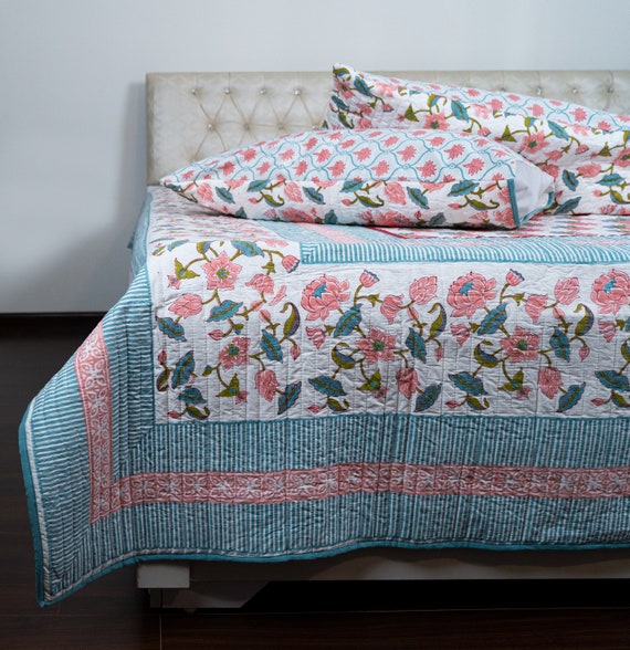 Mayura Floral Designer Quilted Bedspread Pillow Cases 100 Organic Cotton Etsy Ireland