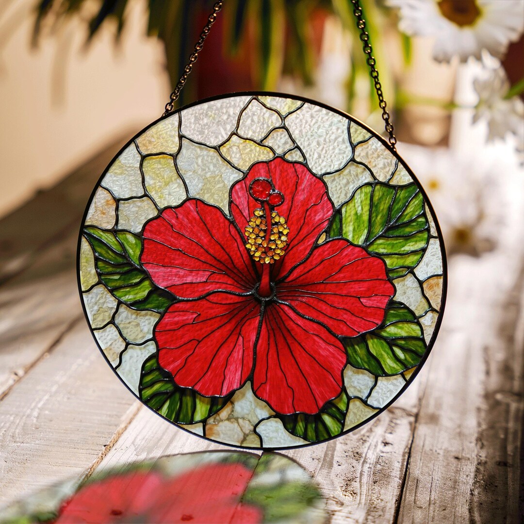 Red Hibiscus Flower Stained Glass Round Suncatcher Handmade Window Art ...