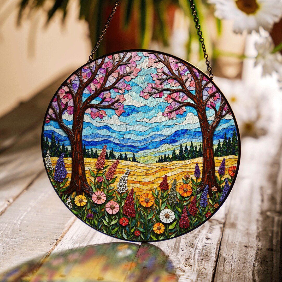 Spring Meadow Landscape Stained Glass Suncatcher Colorful Wildflowers ...