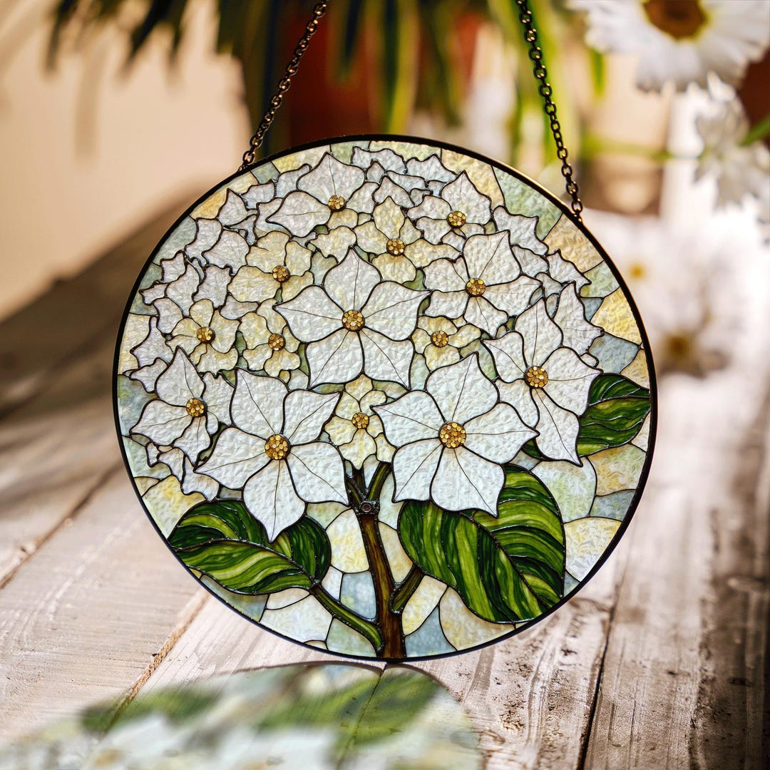 White Hydrangea Floral Stained Glass Window Suncatcher Nature Art Gift ...