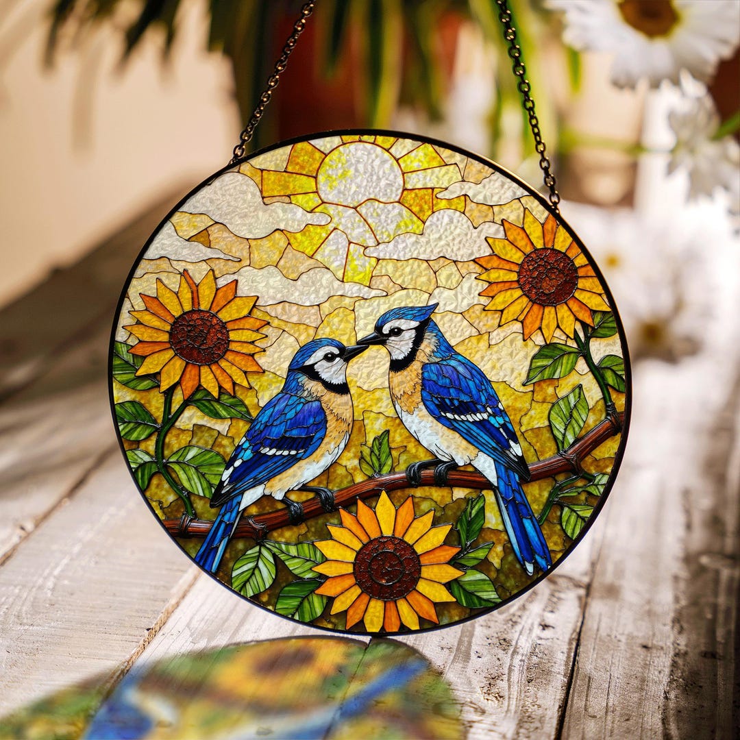 Blue Jays and Sunflowers Stained Glass Suncatcher Window Decor Gift for ...