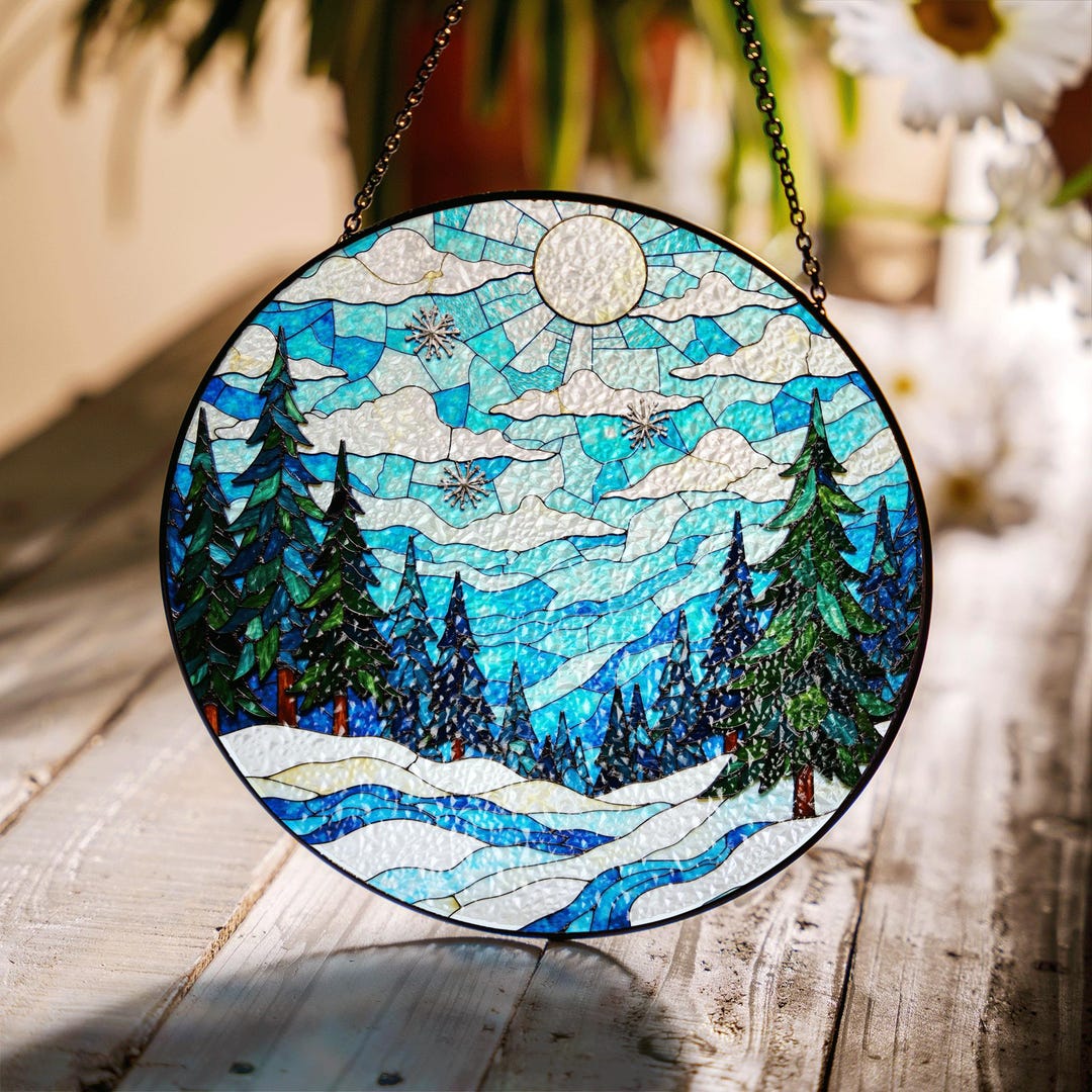 Winter Scene Stained Glass Suncatcher Snowy Forest Moon Gift for Her - Etsy