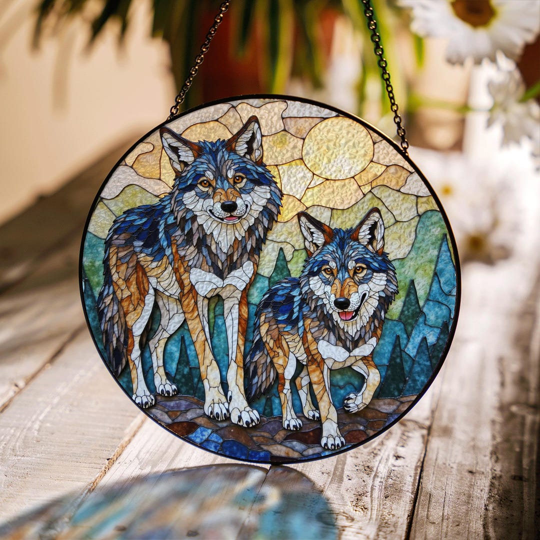 Two Wolves Under Full Moon Forest Stained Glass Window Hanging Wolf ...