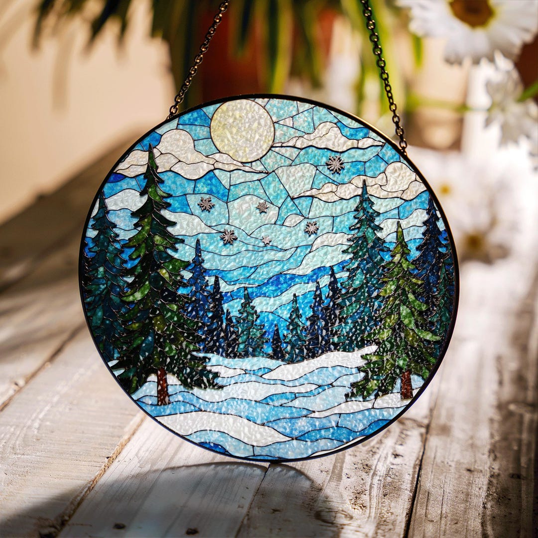 Winter Stained Glass Suncatcher Moon Snow Trees Gift for Nature Lover ...