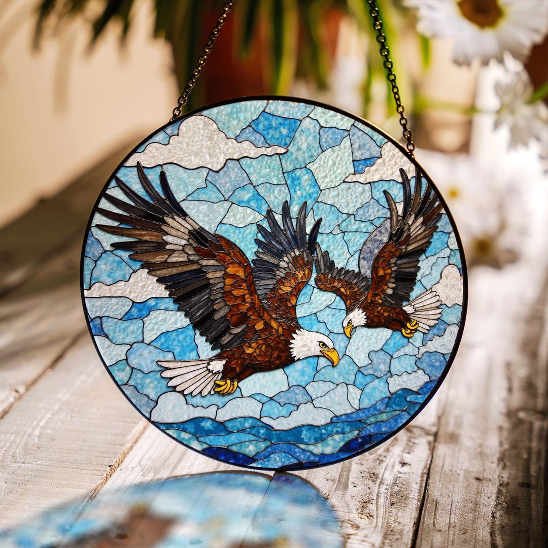 Flying Bald Eagles Stained Glass Suncatcher Round Wildlife Window Decor Gift for Husband - Etsy