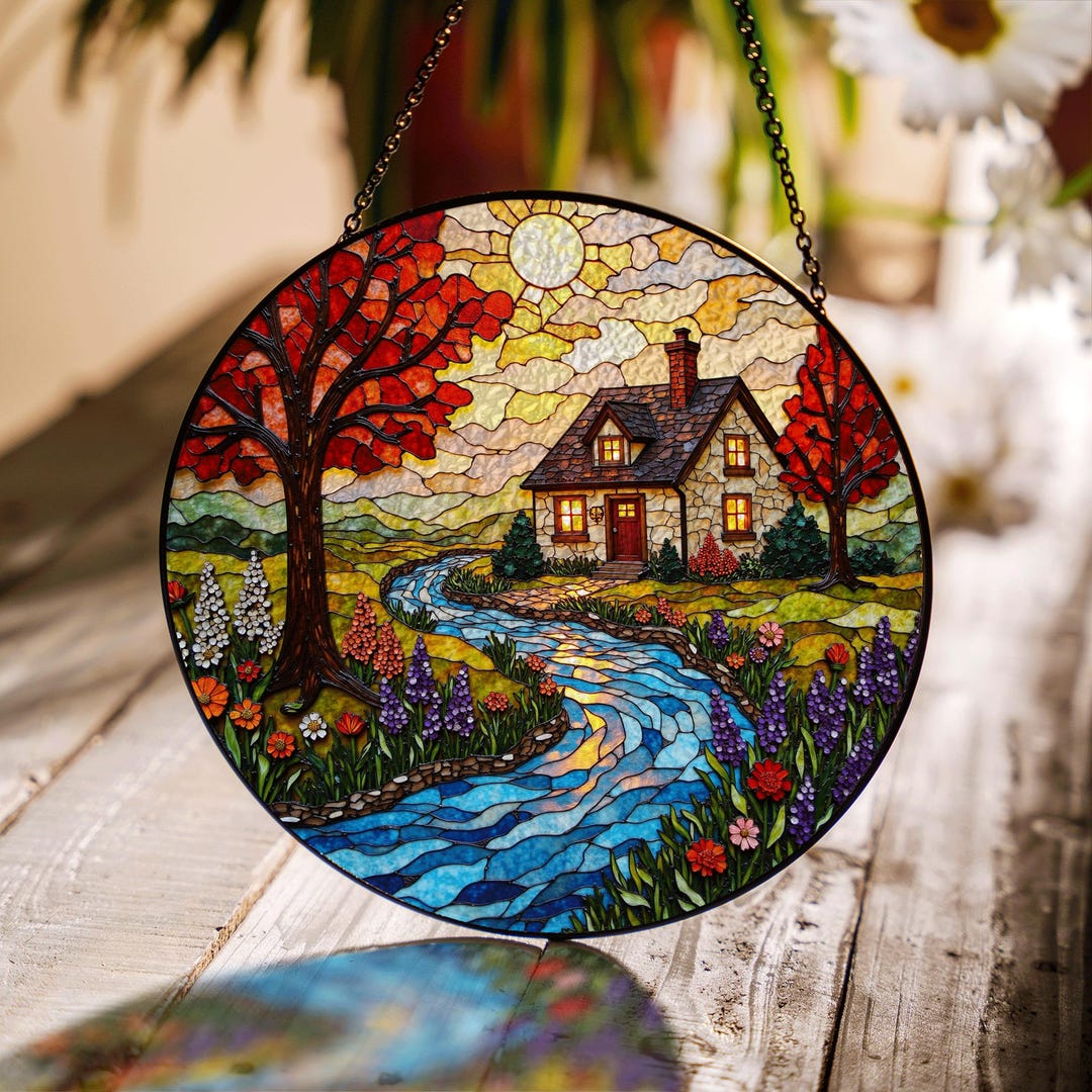 Stained Glass Cottage Scene Suncatcher Gift for Mom Grandma Window ...