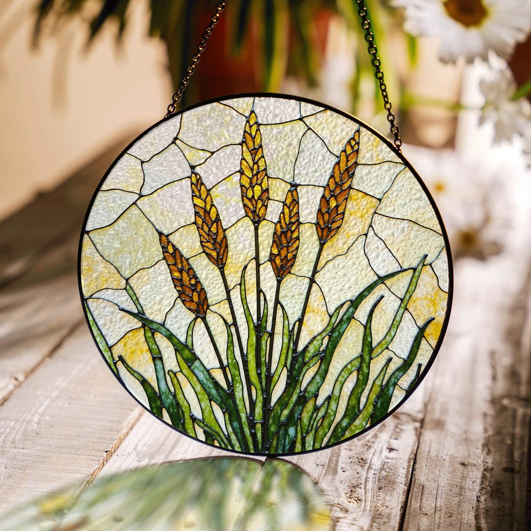Golden Wheat Field Stained Glass Suncatcher Window Hanging Gift for ...