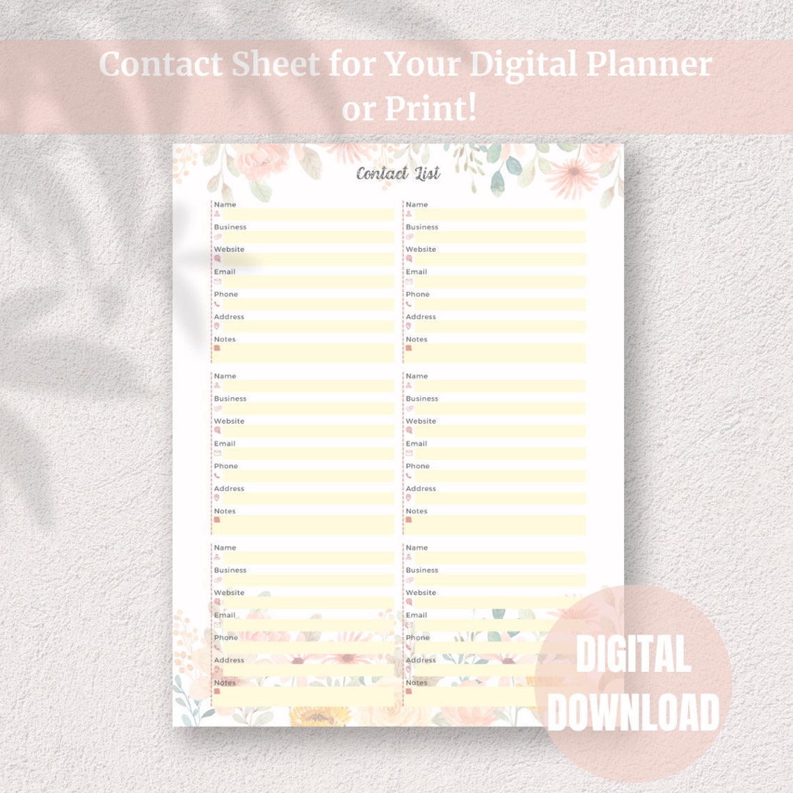 Digital Planner Contact List, Printable Contact List, Digital Planner ...