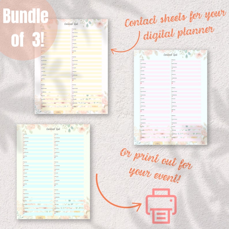 Digital Planner Contact List, Printable Contact List, Digital Planner ...