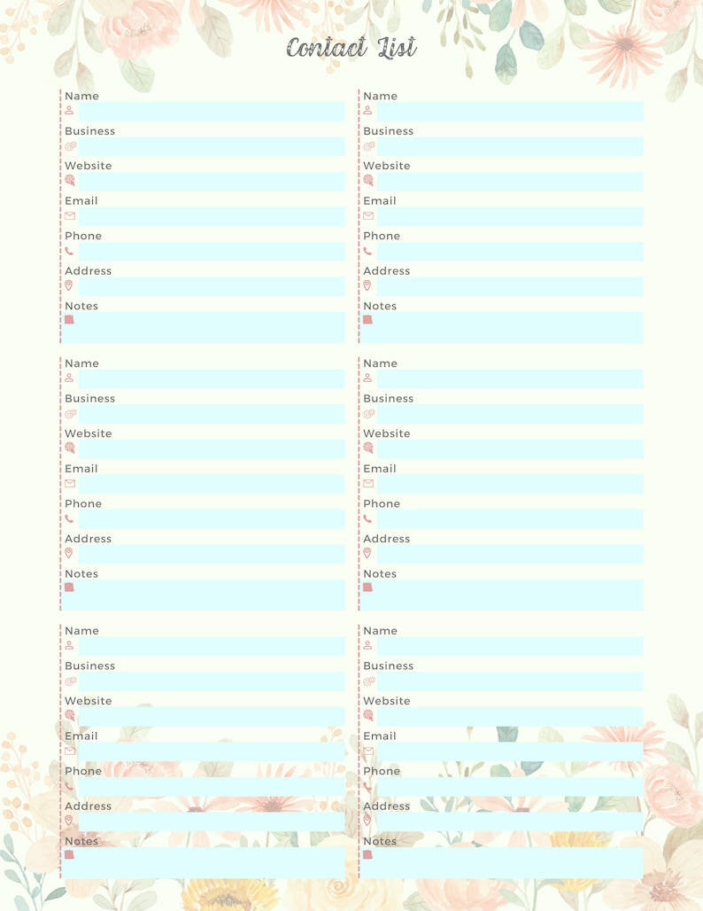 Digital Planner Contact List, Printable Contact List, Digital Planner ...