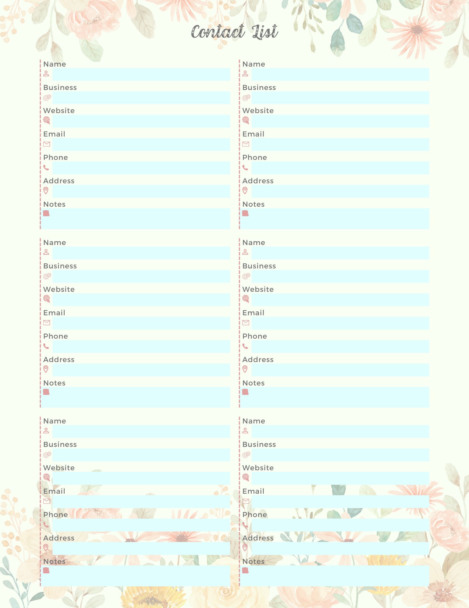 Digital Planner Contact List, Printable Contact List, Digital Planner ...