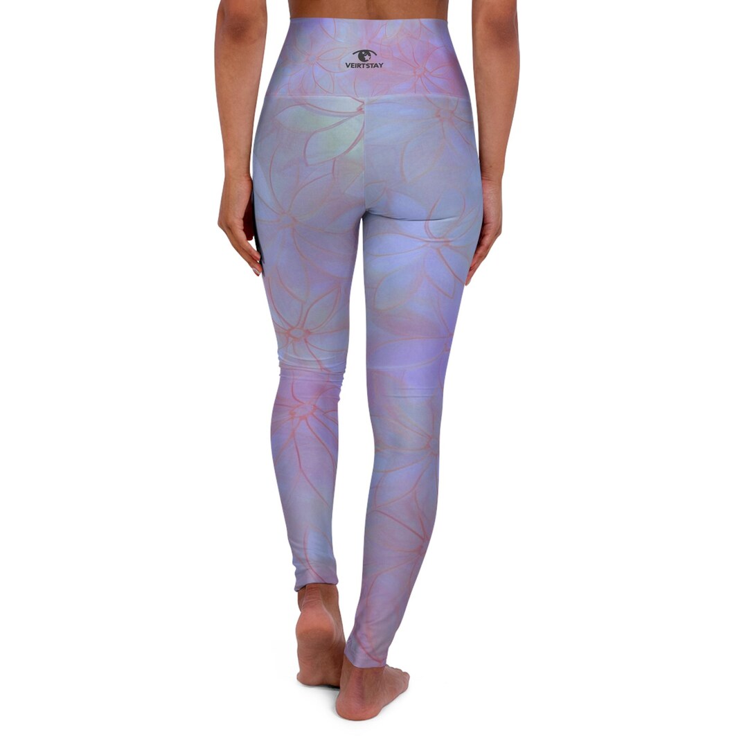 High Waisted Yoga Leggings Light Blue and Lilac Floral Print Athleisure ...