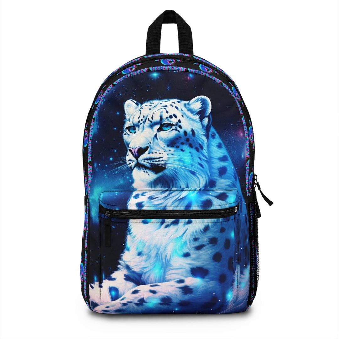 Snow Leopard Backpack Glowing Neon Blue White and Black Book Bags Cats ...