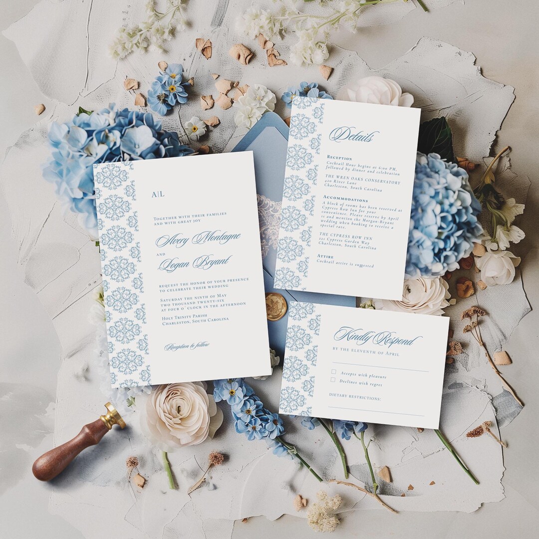 Wedding Invitation Suite Personalized PDF | Dusty Blue Damask With ...