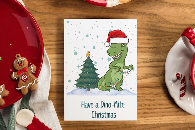 Whimsical T-rex Dino Decorates Christmas Tree With Lights - 5x7 ...