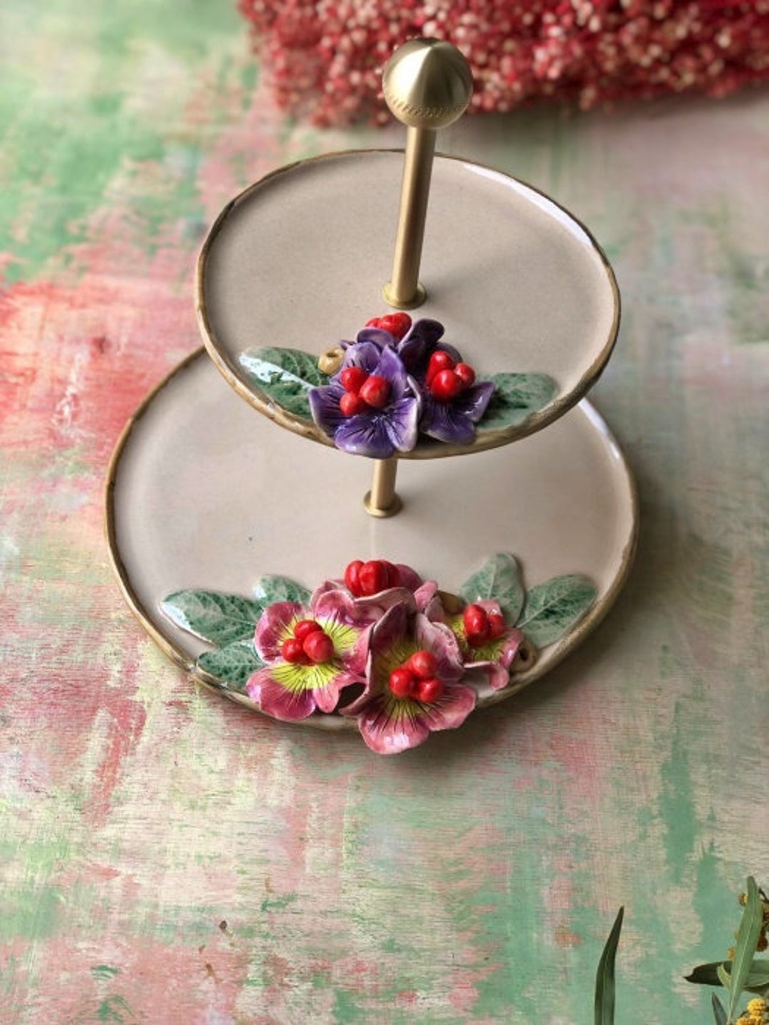 Handmade Design Two-tier Ceramic Serving Stand With Purple - Etsy