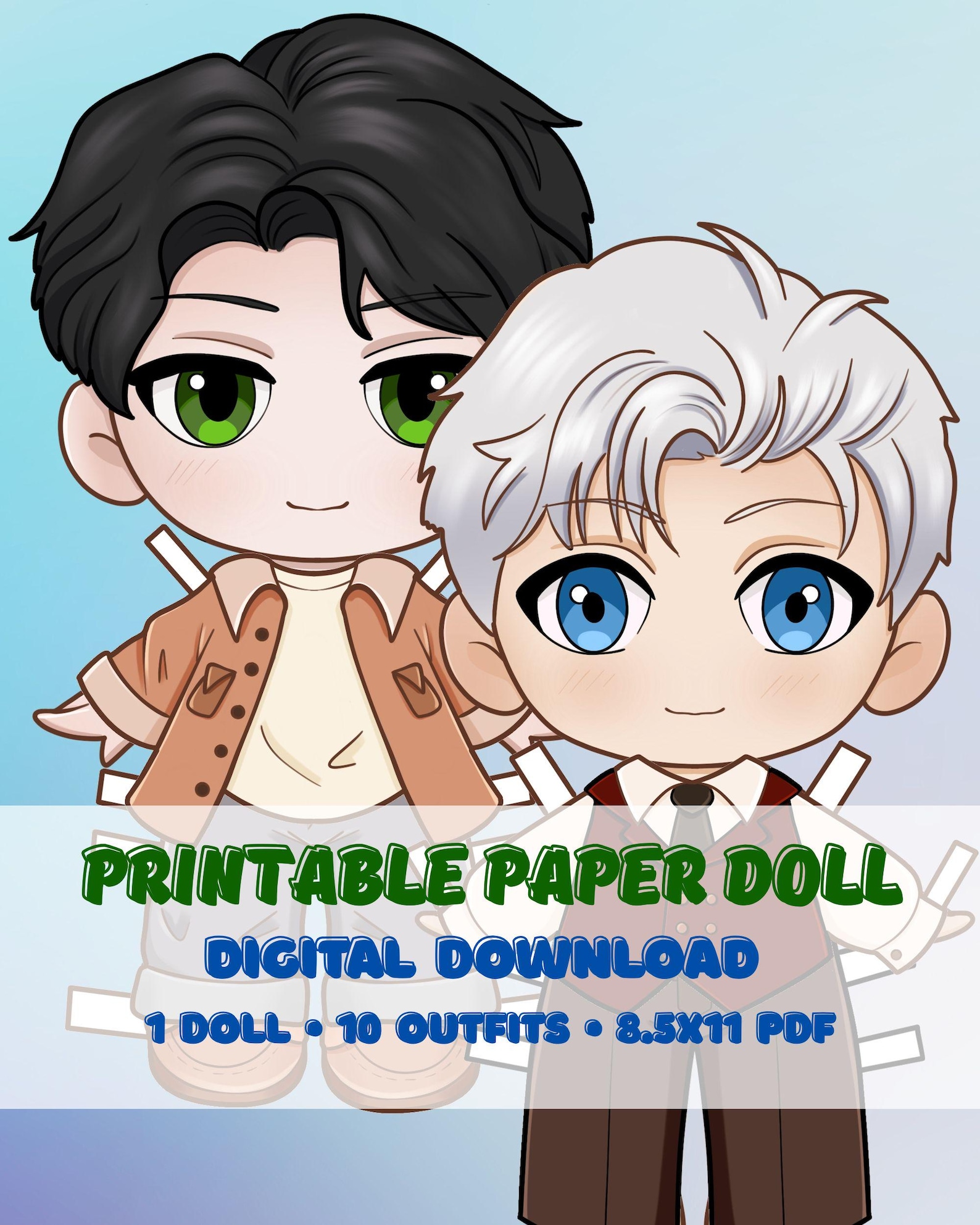 Printable Chibi Boys Paper Dolls - 2 Kawaii Dolls, 10 Outfits (PDF 8 ...