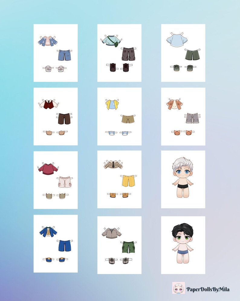 Printable Chibi Boys Paper Dolls - 2 Kawaii Dolls, 10 Outfits (PDF 8 ...
