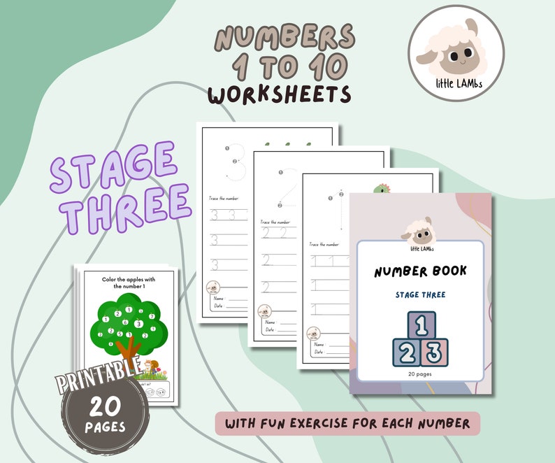 STAGE 3 - Number Tracing Worksheets Printable With Counting Exercise - Etsy