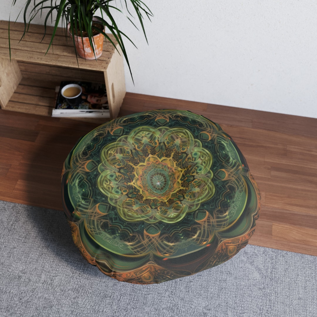Emerald and Gold Mandala Tufted Floor Pillow, Round. Colorful Style in ...