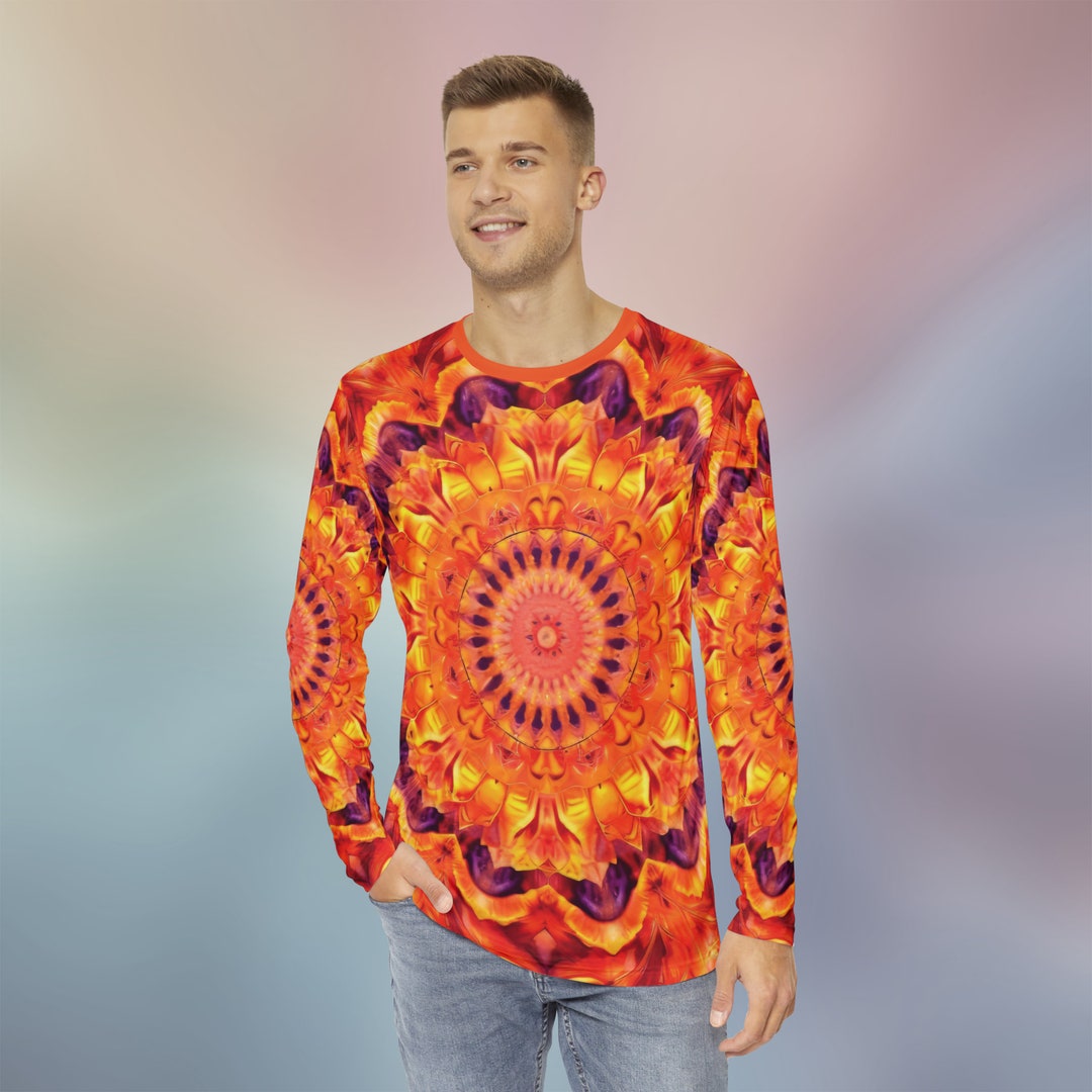 Fiery Orange Sunburst Tie Dye Print Men's Long Sleeve Shirt (AOP) Retro ...