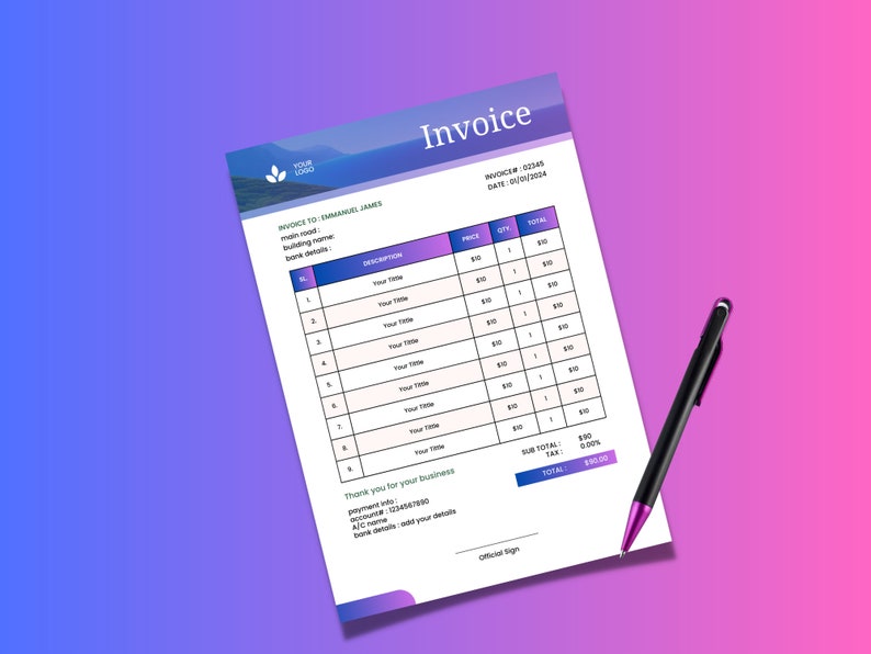 Plantilla de factura: factura de servicios digitales e imprimible para ...