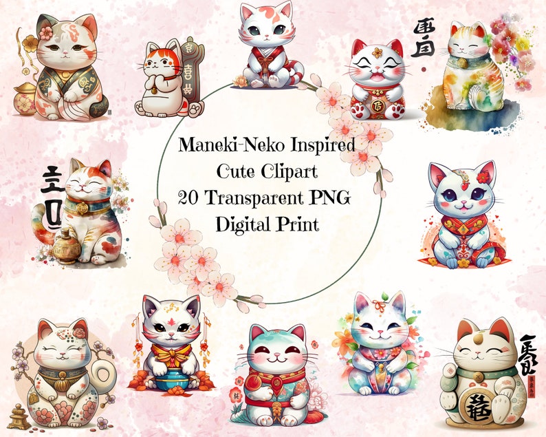 Maneki-neko Inspired Cute Clipart 20 Transparent PNG Digital Print ...