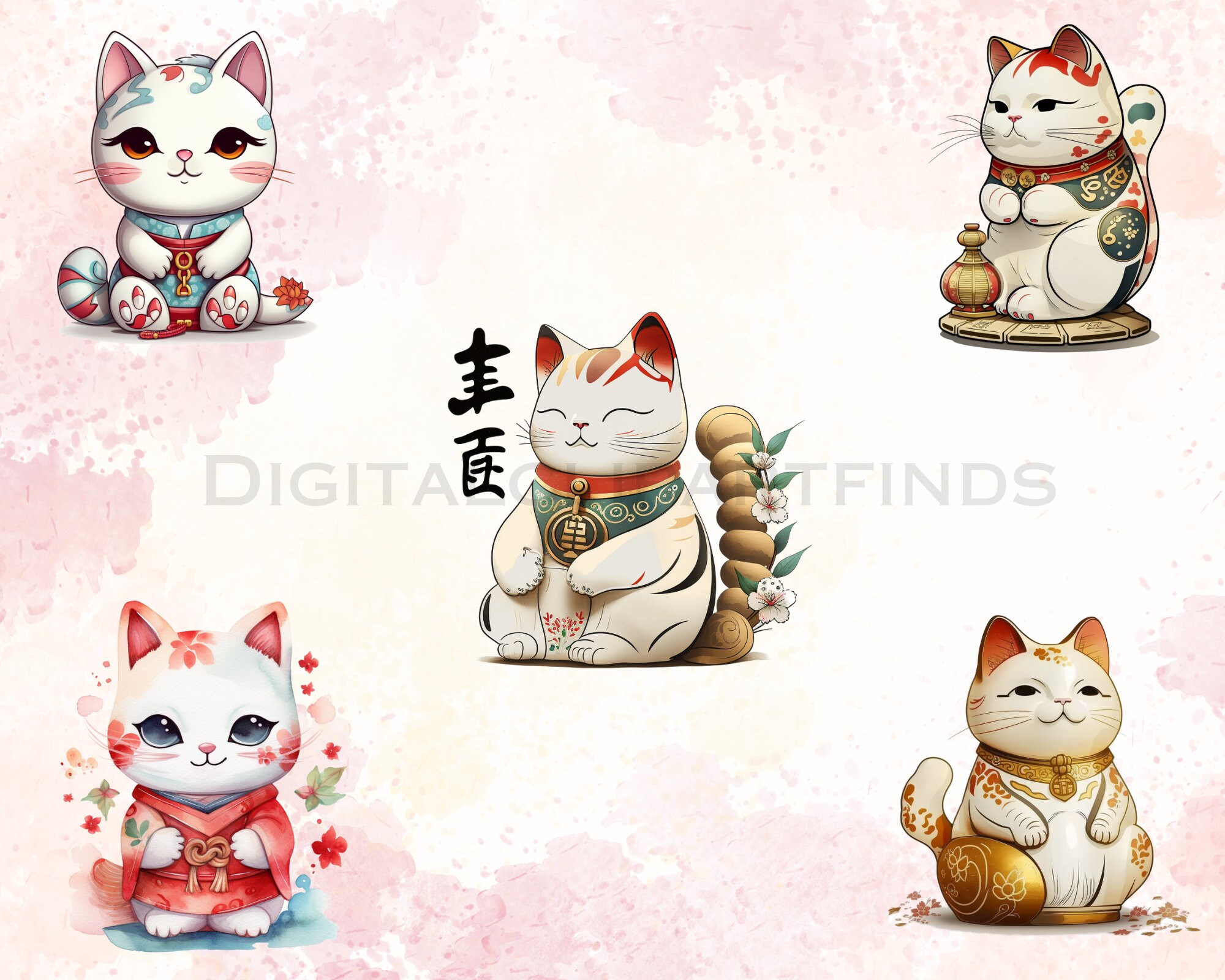 Maneki-neko Inspired Cute Clipart 20 Transparent PNG Digital Print ...