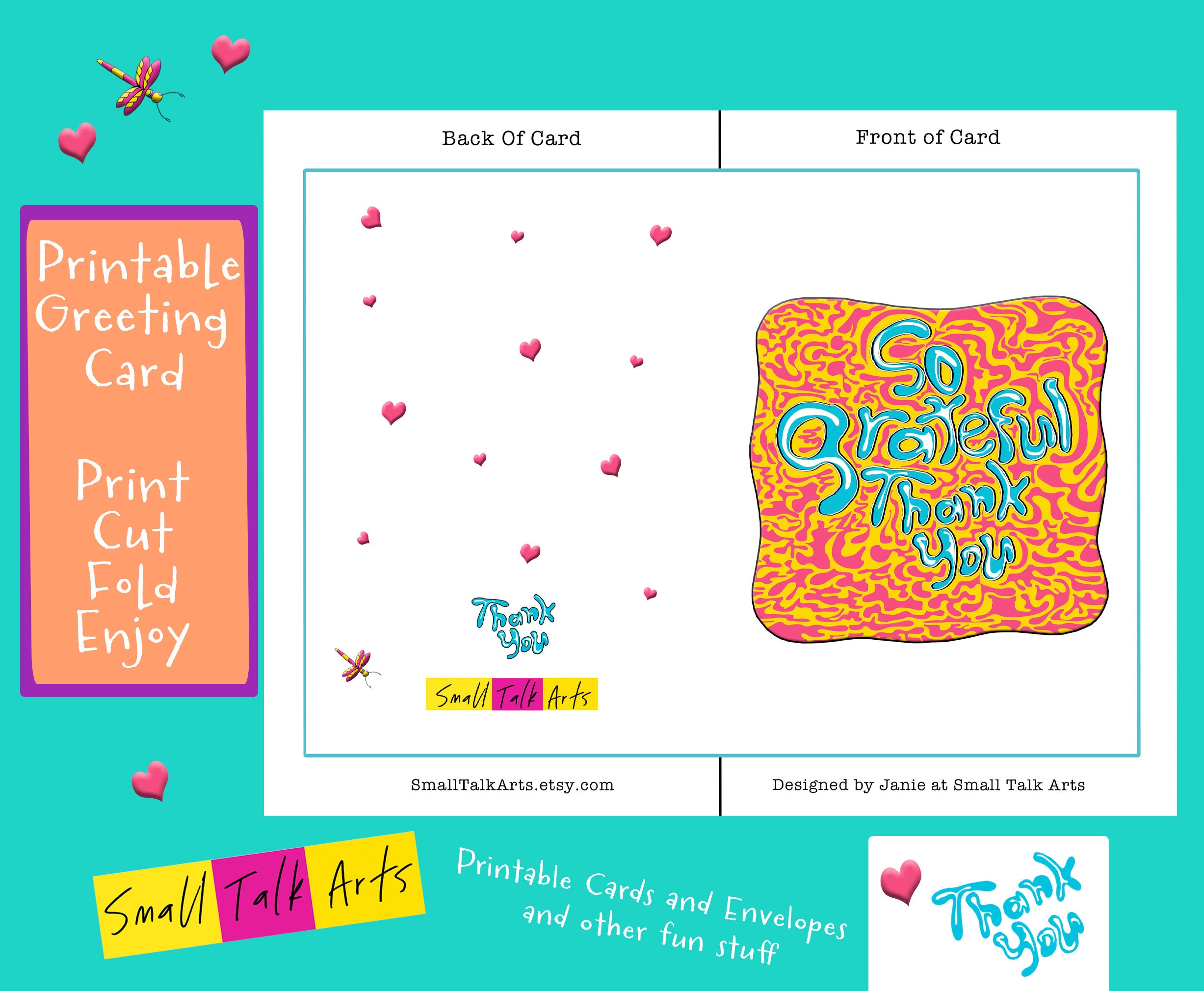 Printable "thank You" Greeting Card Plus Custom Envelope, "so Grateful ...
