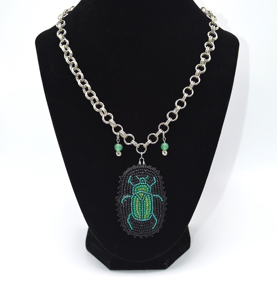 Gothic Green Scarab Beetle Beadwork Pendant Necklace With Aventurine ...