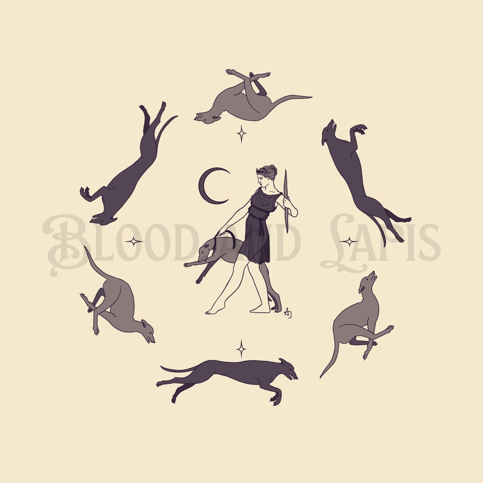 Artemis and Her Hounds Parchment Digital Download Art Print Tattoo ...